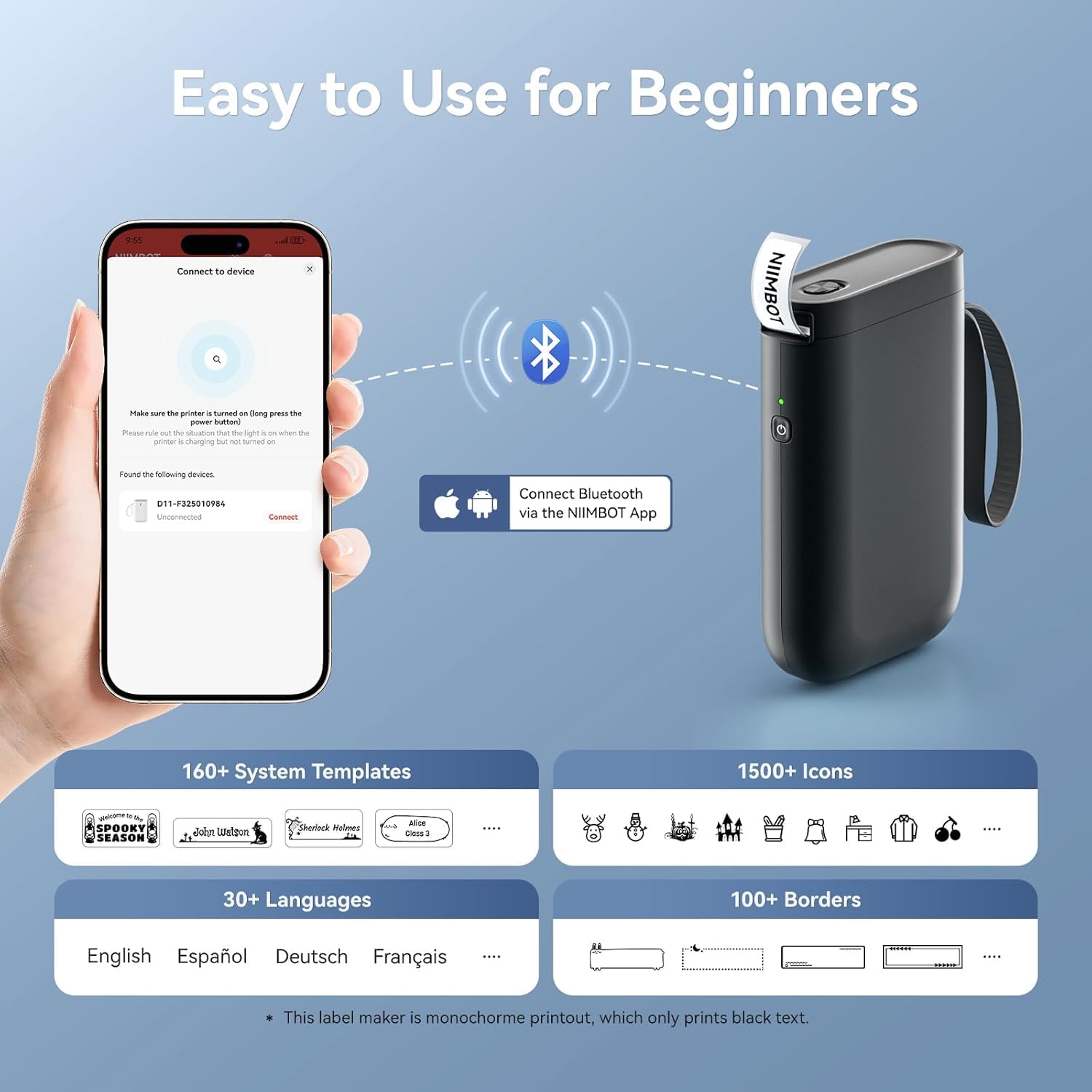 DEEPIN Label Maker Machine D101 Bluetooth Label Maker with Tape, 0.4-1 Inch Print Width Thermal Label Printer Portable for Business, School, Office Organization, Home Storage, White