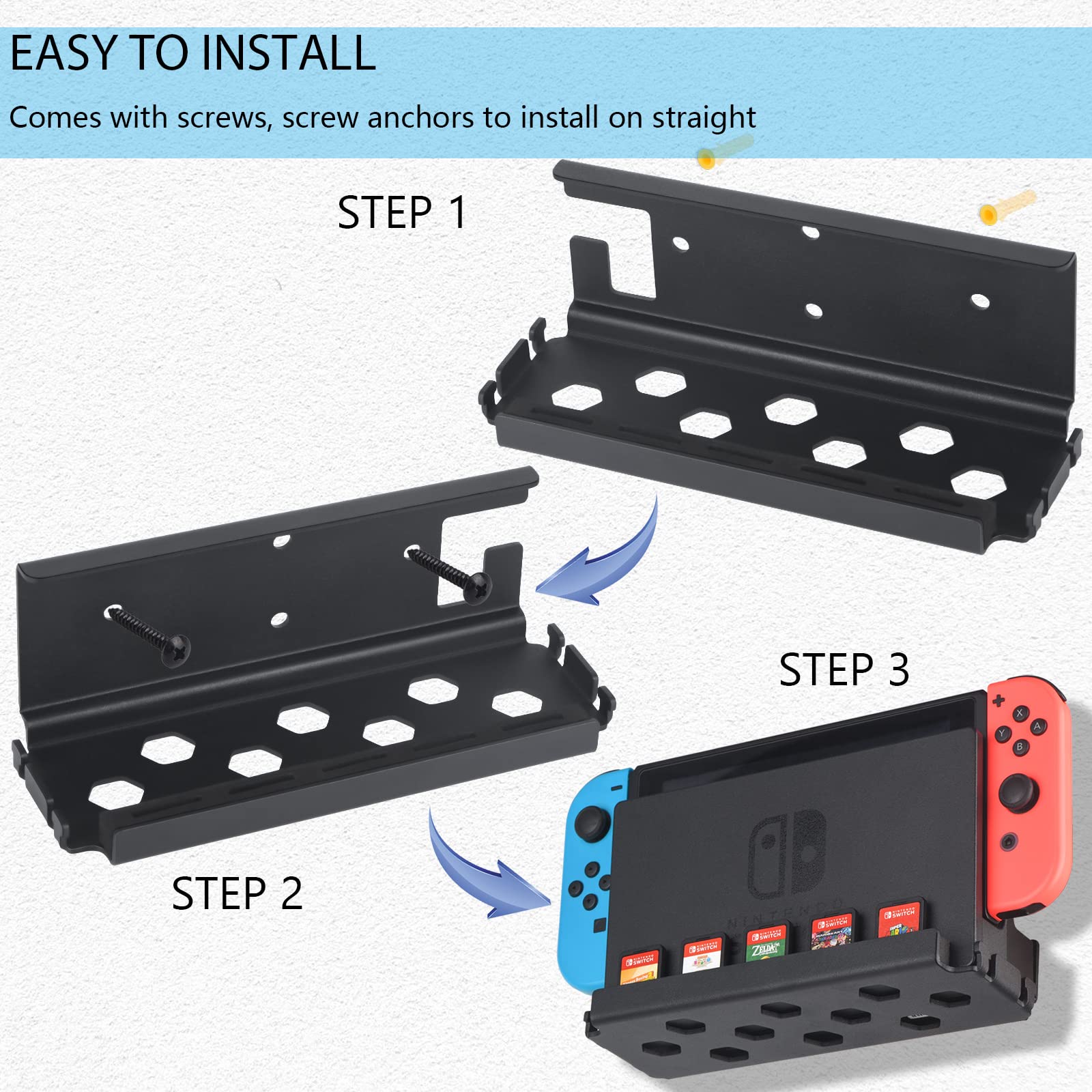 Gooditour Switch Wall Mount Holder - Wall Mount Shelf Stand for Nintendo Switch and Switch OLED with 5 Game Card Holders and 4 Joy Con Hanger - Safely Store Your Switch Console Near or Behind TV