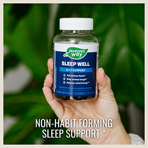 Nature’s Way Sleep Well Sleep Gummies for Adults*, Sleep Aid*, Melatonin Gummies, Ashwagandha Gummies, with Magnesium, Berry Flavored, 90 Gummies