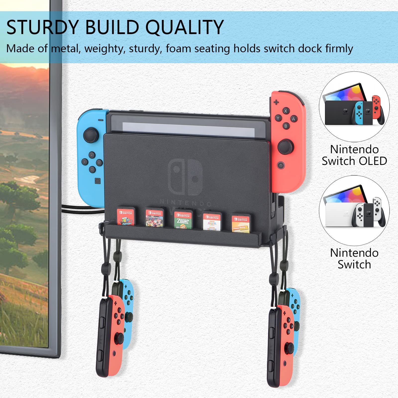 Gooditour Switch Wall Mount Holder - Wall Mount Shelf Stand for Nintendo Switch and Switch OLED with 5 Game Card Holders and 4 Joy Con Hanger - Safely Store Your Switch Console Near or Behind TV