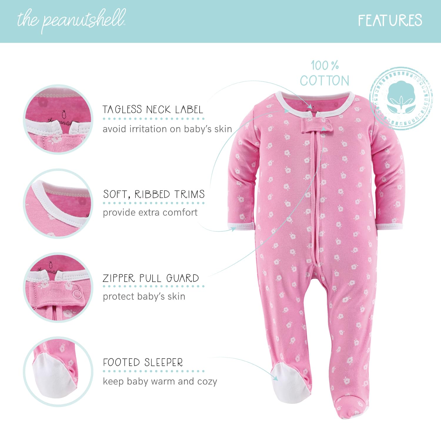 The Peanutshell Footed Pajamas Sleepers for Baby Girls, Sleep and Play Footies, 3 Pack (6-9 Months)