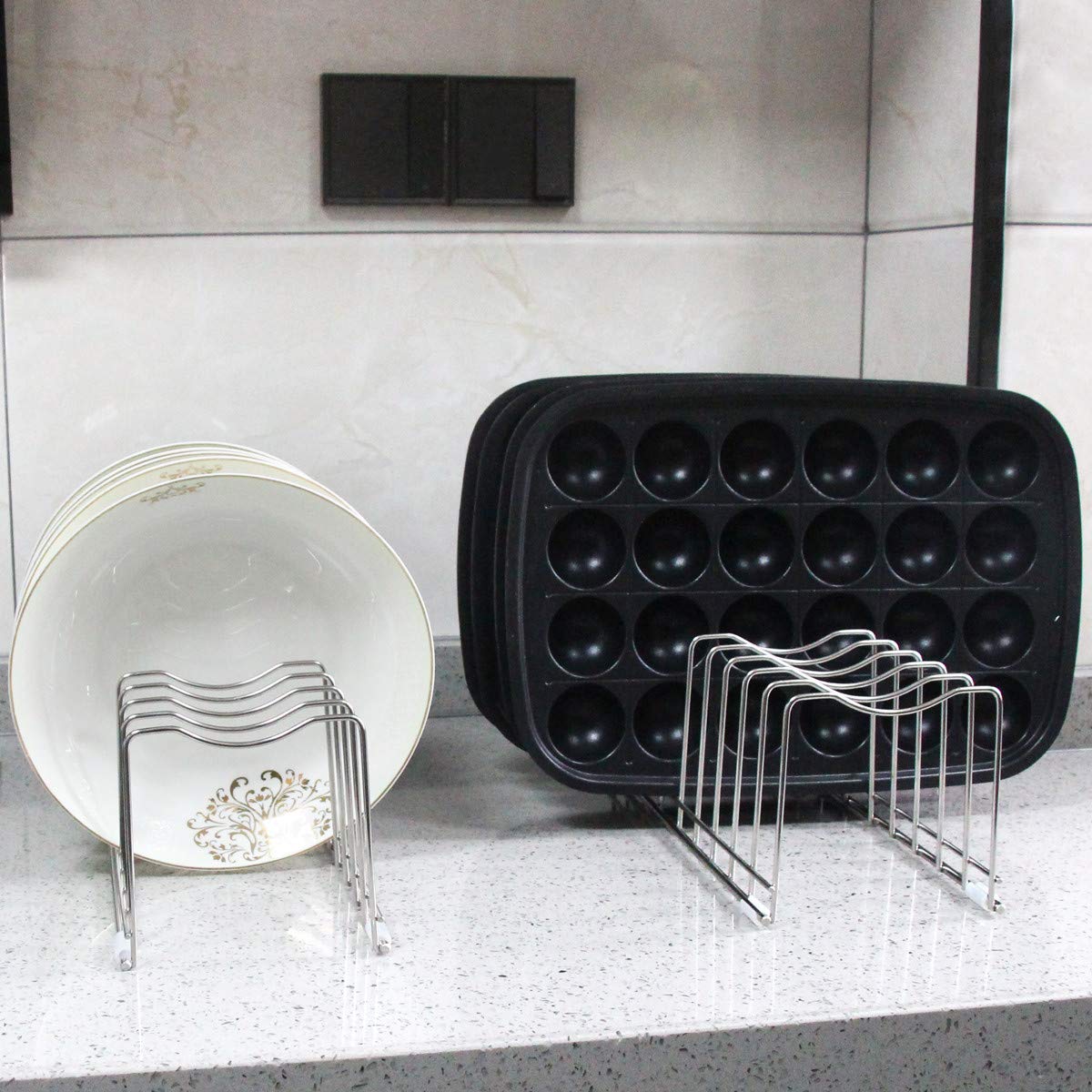 FLSEPAMB Pot Lid Organizer Pan Lid Organizer Kitchen Pot Lid Rack Suitable for Bakeware Dish Plate, Cutting Boards, Pots & Pans, Serving Trays, Reusable Holder (2 Pack)
