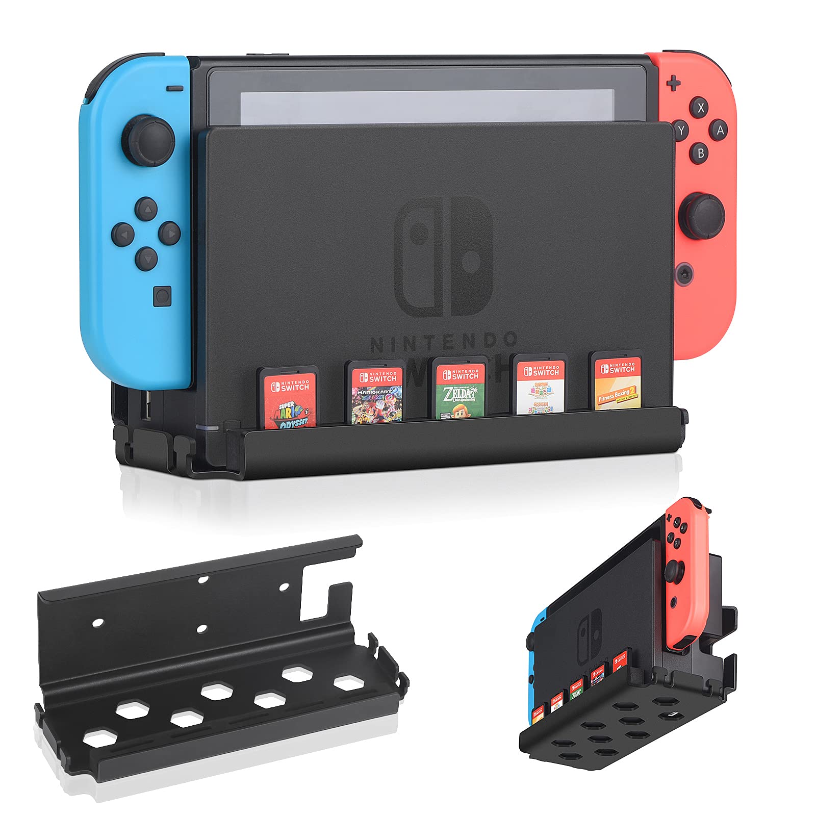 Gooditour Switch Wall Mount Holder - Wall Mount Shelf Stand for Nintendo Switch and Switch OLED with 5 Game Card Holders and 4 Joy Con Hanger - Safely Store Your Switch Console Near or Behind TV