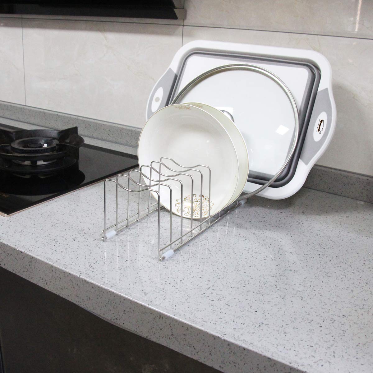 FLSEPAMB Pot Lid Organizer Pan Lid Organizer Kitchen Pot Lid Rack Suitable for Bakeware Dish Plate, Cutting Boards, Pots & Pans, Serving Trays, Reusable Holder (2 Pack)