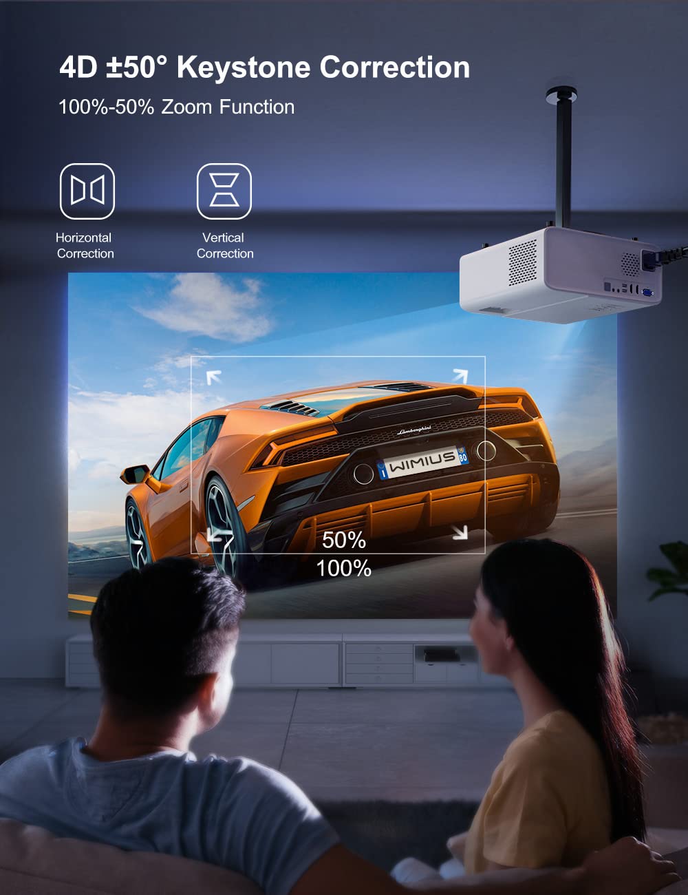 5G WiFi Bluetooth Projector, WiMiUS W7 Newest Native 1080P Projector 4K Supported,460 ANSI Lumens,Portable,4P/4D Keystone,Zoom,300"Display,Outdoor Movie Projector Compatible with TV Stick/Phone/Laptop