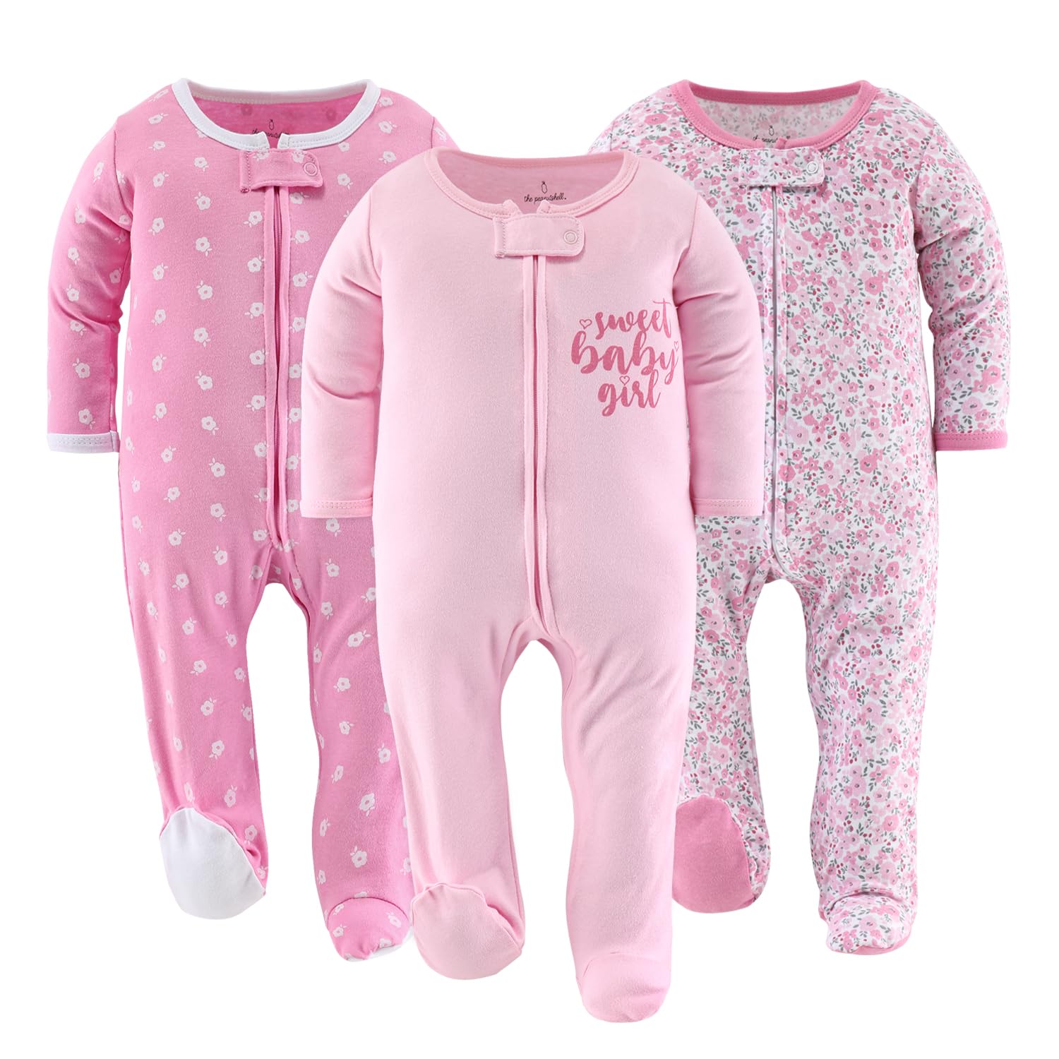 The Peanutshell Footed Pajamas Sleepers for Baby Girls, Sleep and Play Footies, 3 Pack (6-9 Months)