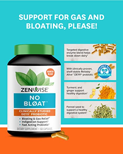 Zenwise No Bloat - Probiotics, Digestive Enzymes for Bloating and Gas Relief | Ginger, Dandelion, and Cinnamon to Improve Digestion - 60 Count
