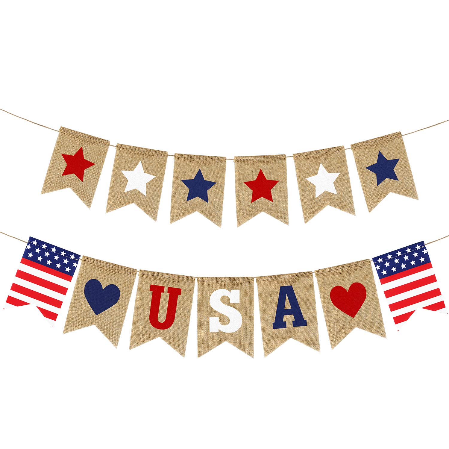 USA Banner Burlap- 4th of July Decorations- Rustic Patriotic Banner -Red White Blue Stars Bunting Garland for President Day- 4th of July Party Supplies- 4th of July Patriotic Outdoor Indoor hanging Decor