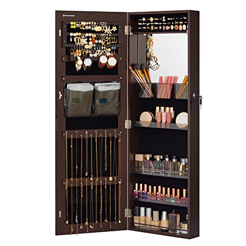 SONGMICS Jewelry Cabinet Armoire with Mirror, Wall or Door Mount Storage Organizer with Full-Length Frameless Mirror, Lockable Cabinet with Built-in Small Mirror, Shelves, Gift Idea, Brown UJJC003K01