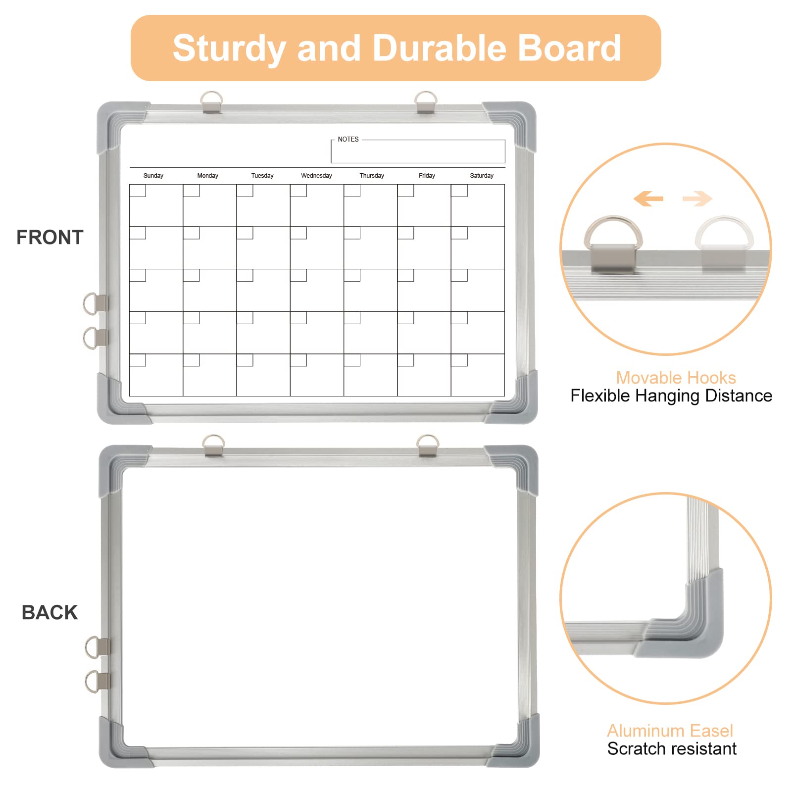 EOOUT Monthly Calendar Dry Erase Whiteboard for Wall, 16" x 12" Magnetic WhiteBoard, Portable Hanging Double-Sided White Board for Office Drawing Kitchen Planning Memo, School Home Memo to Do List