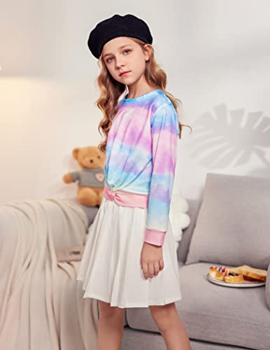 Arshiner Girls Casual Twist Front Light Weight Sweatshirt Tie Dye Printed Long Sleeve Crop Tops Pullover Size 7-8 Years