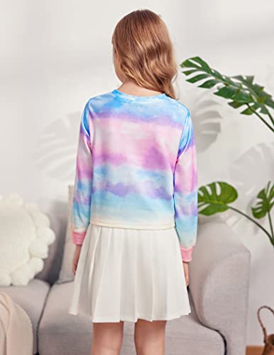 Arshiner Girls Casual Twist Front Light Weight Sweatshirt Tie Dye Printed Long Sleeve Crop Tops Pullover Size 7-8 Years
