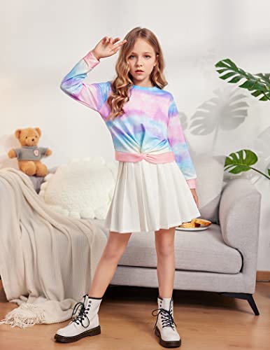 Arshiner Girls Casual Twist Front Light Weight Sweatshirt Tie Dye Printed Long Sleeve Crop Tops Pullover Size 7-8 Years