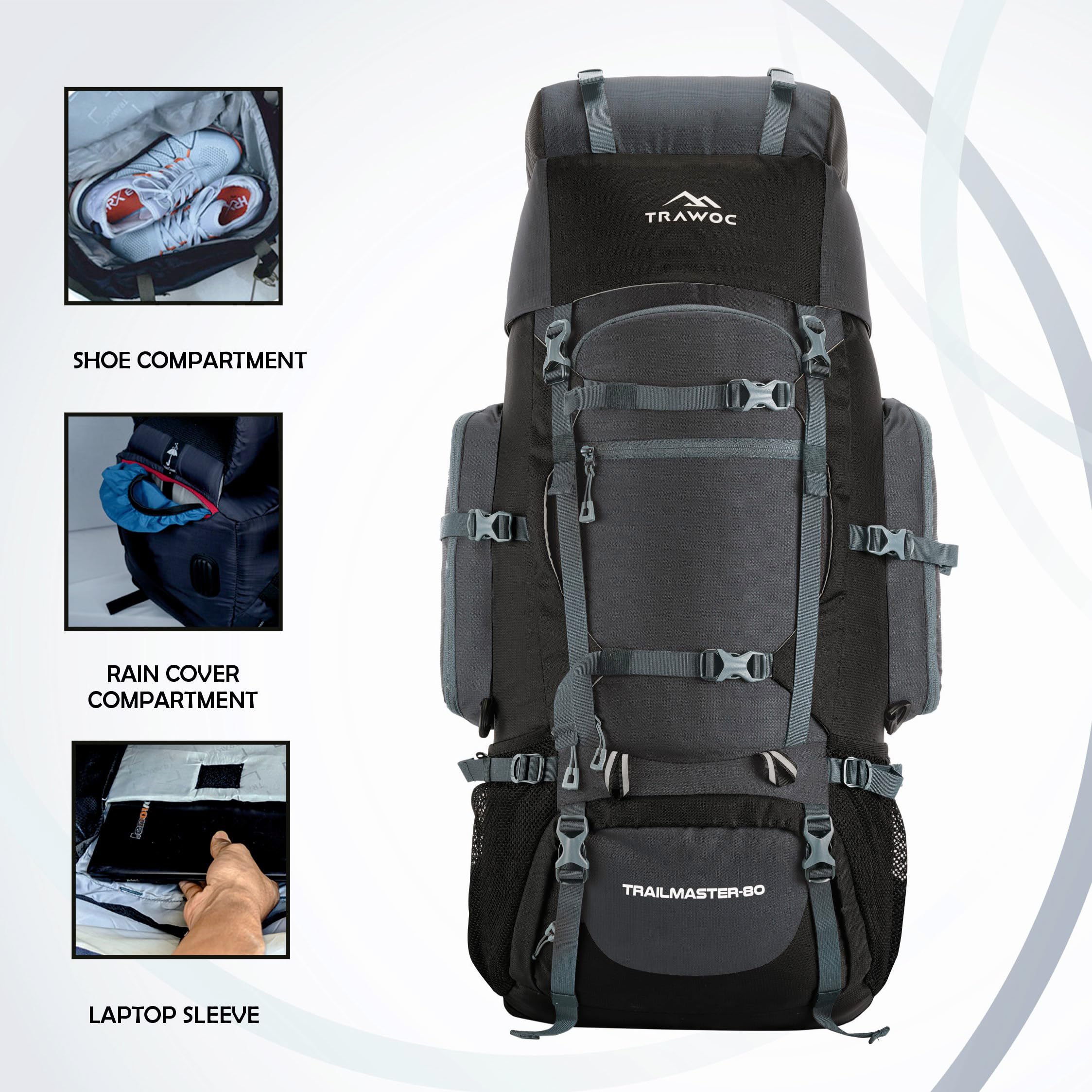 TRAWOC 80L Travel Backpack for Outdoor Sport Camp Hiking Trekking Bag Camping Rucksack HK007 (Grey)
