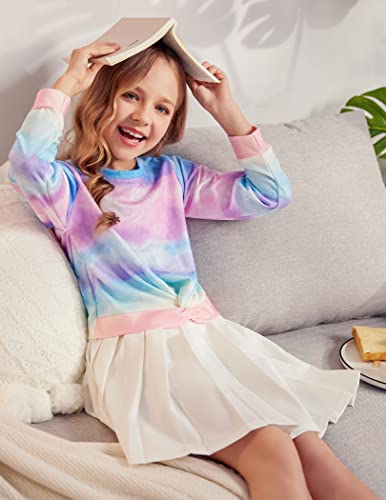 Arshiner Girls Casual Twist Front Light Weight Sweatshirt Tie Dye Printed Long Sleeve Crop Tops Pullover Size 7-8 Years