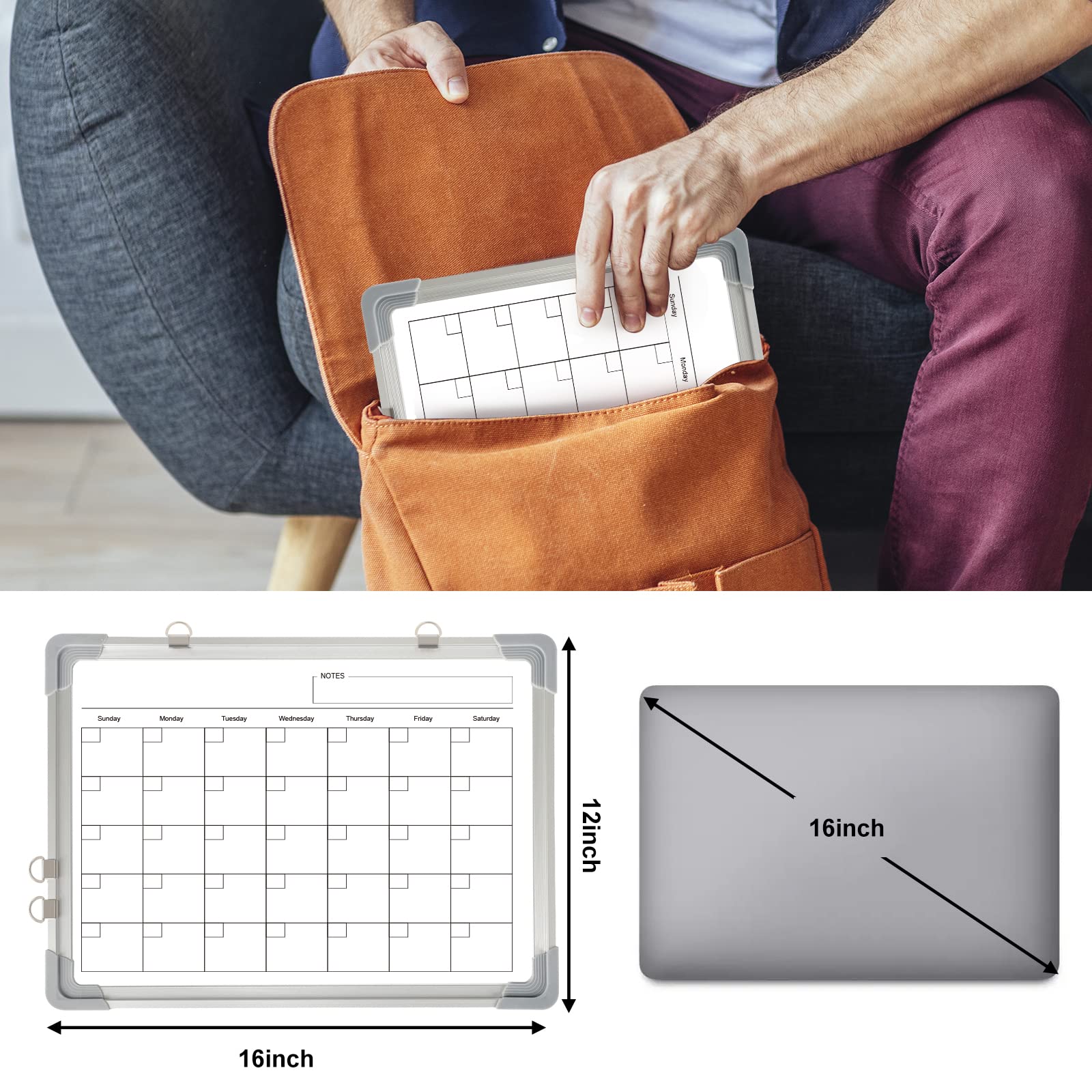 EOOUT Monthly Calendar Dry Erase Whiteboard for Wall, 16" x 12" Magnetic WhiteBoard, Portable Hanging Double-Sided White Board for Office Drawing Kitchen Planning Memo, School Home Memo to Do List