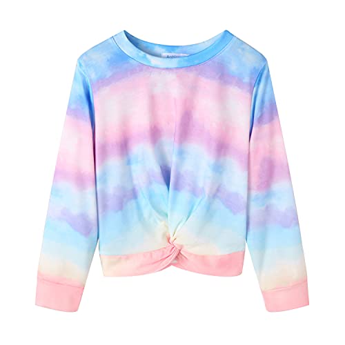 Arshiner Girls Casual Twist Front Light Weight Sweatshirt Tie Dye Printed Long Sleeve Crop Tops Pullover Size 7-8 Years