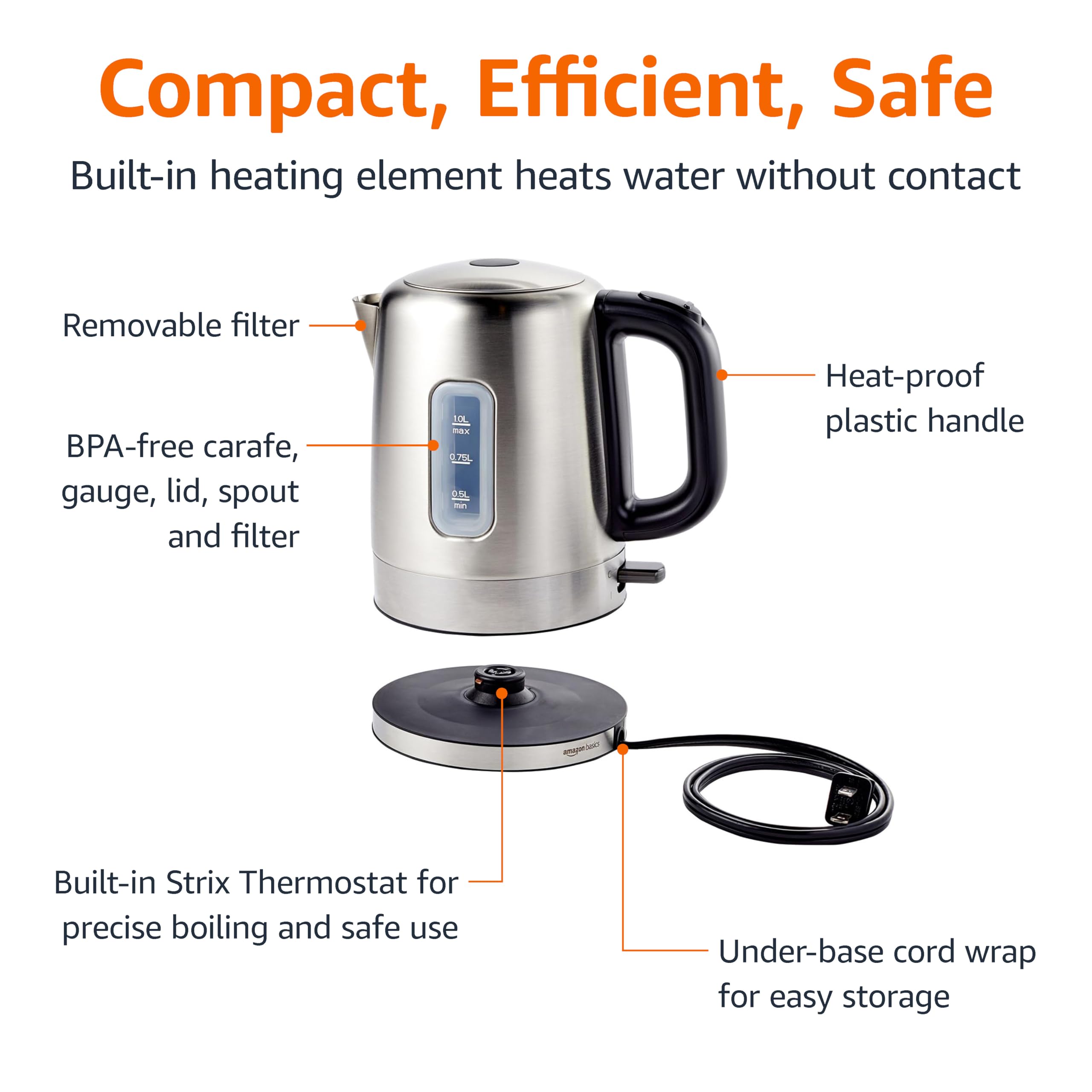 Amazon Basics Stainless Steel Portable Fast, Electric Hot Water Kettle for Tea and Coffee - 1 Liter, Gray/Black