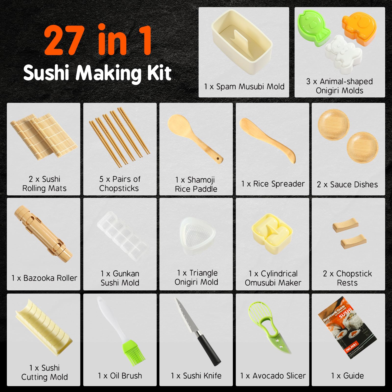 Delamu Sushi Making Kit, 23 in 1 Sushi Maker Bazooker Roller Kit with Bamboo Mats, Chef's Knife, Triangle/Nigiri/Gunkan Sushi Rice Mold, Chopsticks, Sauce Dishes, Rice Spreader, User Guide