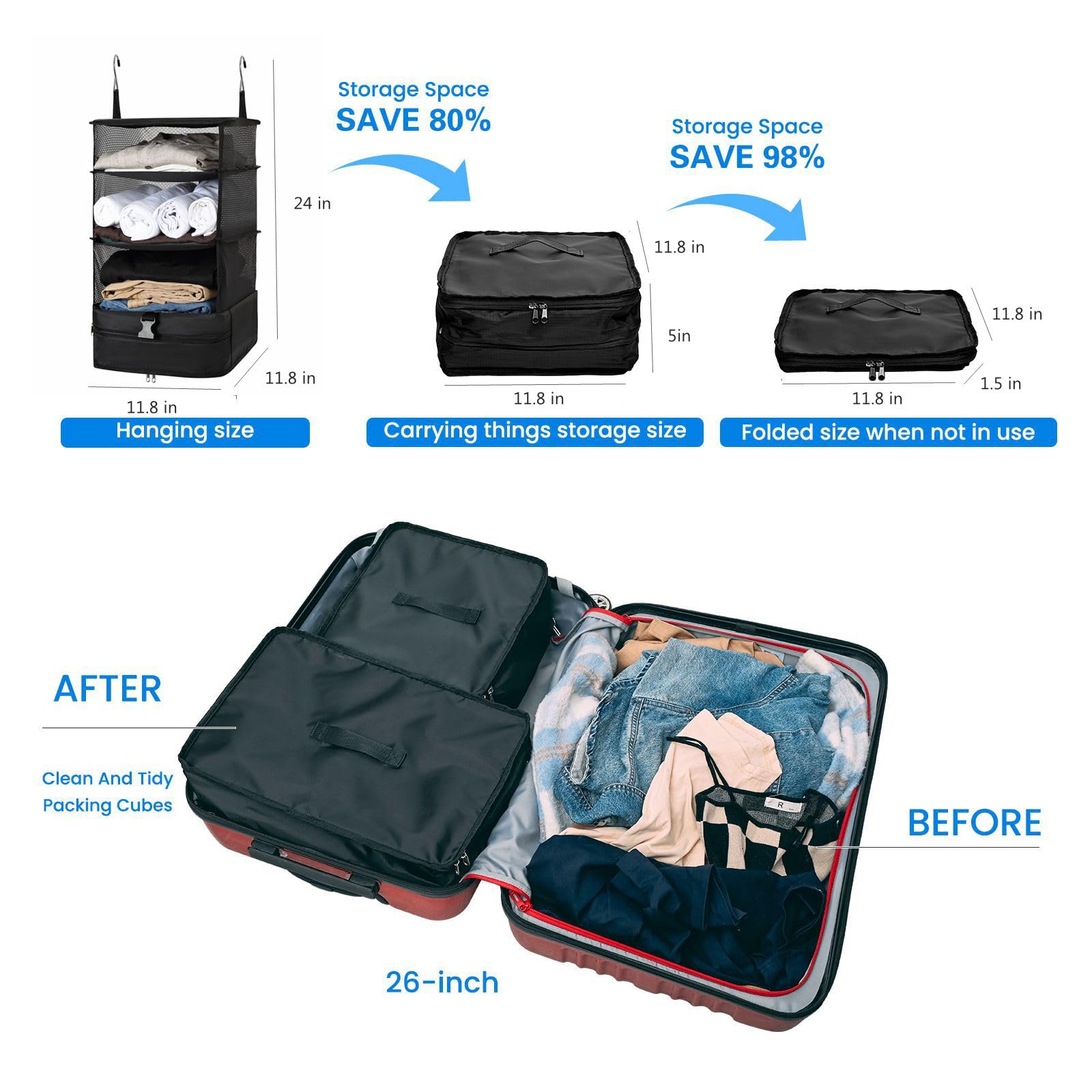 YCWIWO Travel Hanging Shelves, Hanging Packing Cubes for Travel, Luggage Storage Organizer, Carry-On Closet for Suitcase