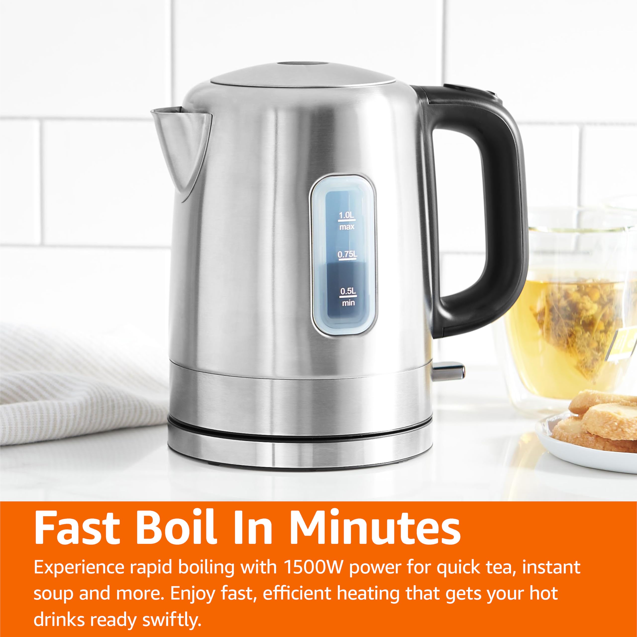 Amazon Basics Stainless Steel Portable Fast, Electric Hot Water Kettle for Tea and Coffee - 1 Liter, Gray/Black