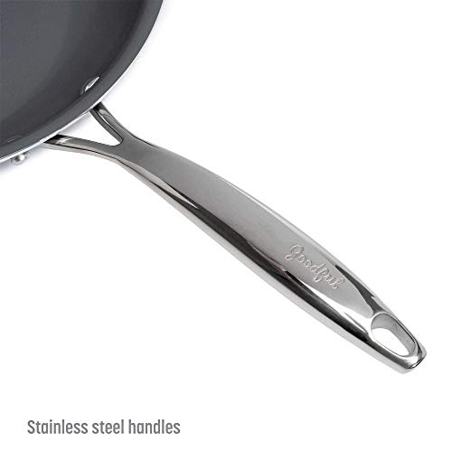 Goodful Ceramic Nonstick Pots and Pans Set, Titanium-Reinforced Premium Nonstick Coating, Dishwasher Safe Pots and Pans, Tempered Glass Steam Vented Lids, Stainless Steel Handles, 12-Piece, Gray
