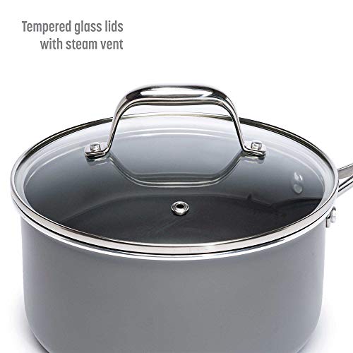 Goodful Ceramic Nonstick Pots and Pans Set, Titanium-Reinforced Premium Nonstick Coating, Dishwasher Safe Pots and Pans, Tempered Glass Steam Vented Lids, Stainless Steel Handles, 12-Piece, Gray