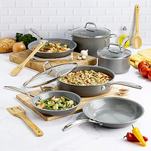 Goodful Ceramic Nonstick Pots and Pans Set, Titanium-Reinforced Premium Nonstick Coating, Dishwasher Safe Pots and Pans, Tempered Glass Steam Vented Lids, Stainless Steel Handles, 12-Piece, Gray