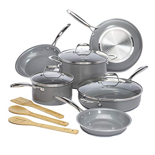 Goodful Ceramic Nonstick Pots and Pans Set, Titanium-Reinforced Premium Nonstick Coating, Dishwasher Safe Pots and Pans, Tempered Glass Steam Vented Lids, Stainless Steel Handles, 12-Piece, Gray