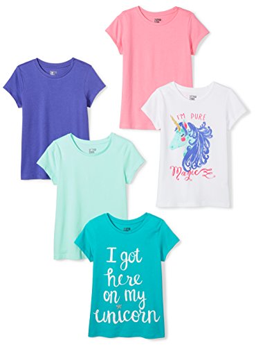 Amazon Essentials Girls' Short-Sleeve T-Shirt Tops - Discontinued Colors, Pack of 5, Aqua Green/Blue/Pink/Turquoise Blue Text Print/White Unicorn, Medium