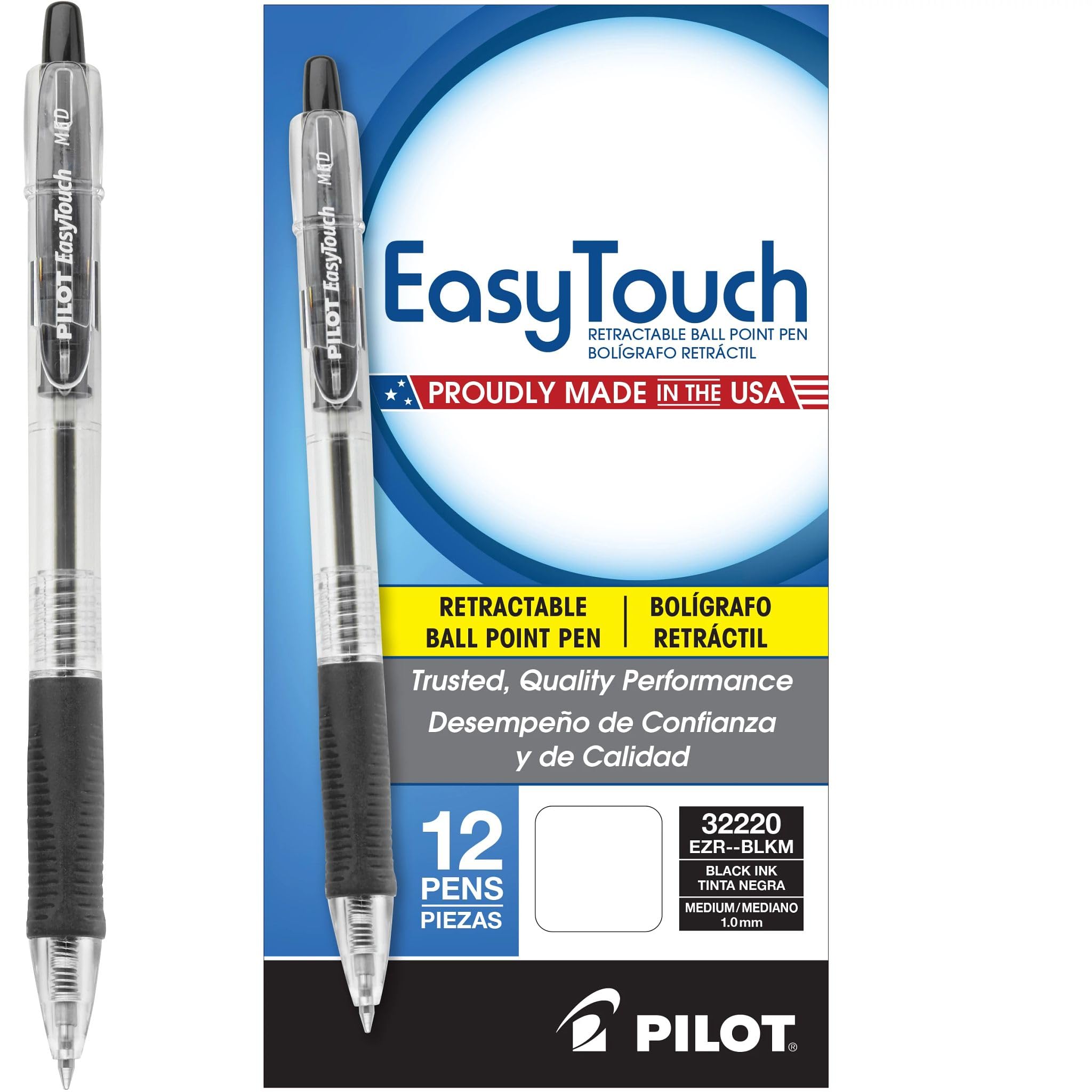 PILOT EasyTouch Refillable & Retractable Ballpoint Pens, Medium Point, Black Ink, 12-Pack (32220)