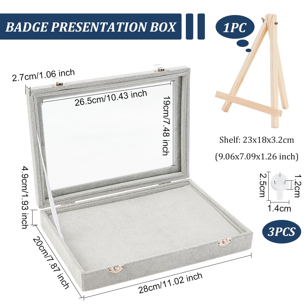 OLYCRAFT 8x11inch Pin Display Case Pin Collection Display Box Wooden Badge Storage Showcase with Velvet Cover and Iron Latch Lock Silver Clear Display Holder Board Frame for Flower Pictures Medals