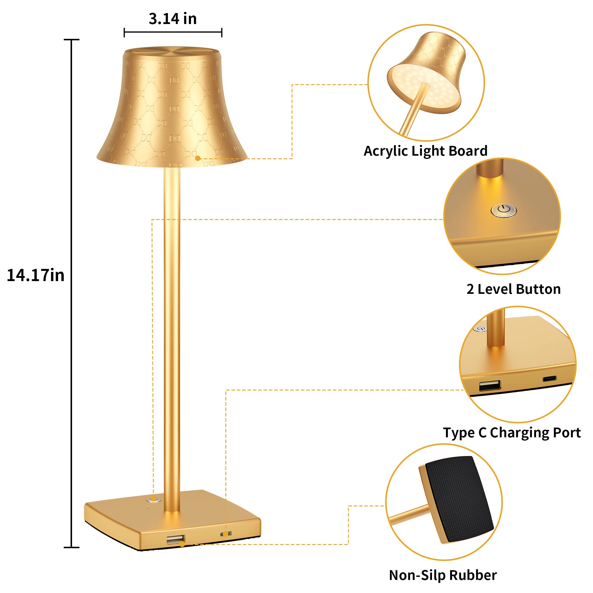 JALVDE Battery Powered Table Lamp, Rechargeable Cordless LED Desk Lamp Minimalist 5000mAh Battery Operated Lamp (2X Gold)