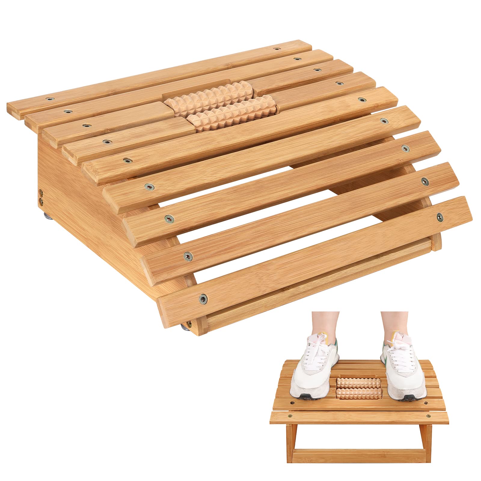 RekRang Foot Rest Under Desk,Bamboo Foot Stool with Massage Rollers & Non-Slip Legs Ergonomic Cambered Surface Foot Rest for Home Office School
