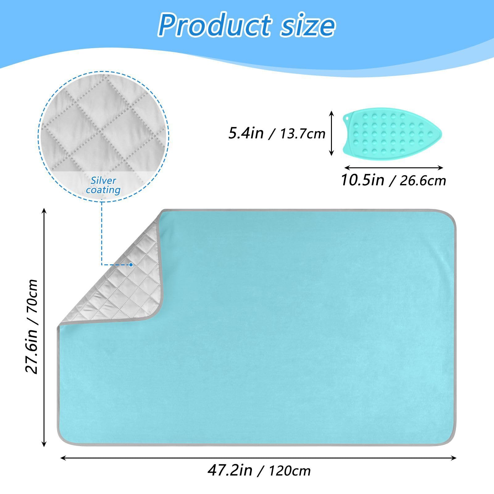 Kigai Plain Sky Blue Solid Color Ironing Mat - with 3mm Padding & Silicone Iron Rest, Quilting & Travel Portable Ironing Pad, Quilted Washer Dryer Heat Resistant Pad 47 X 27.6 Inch