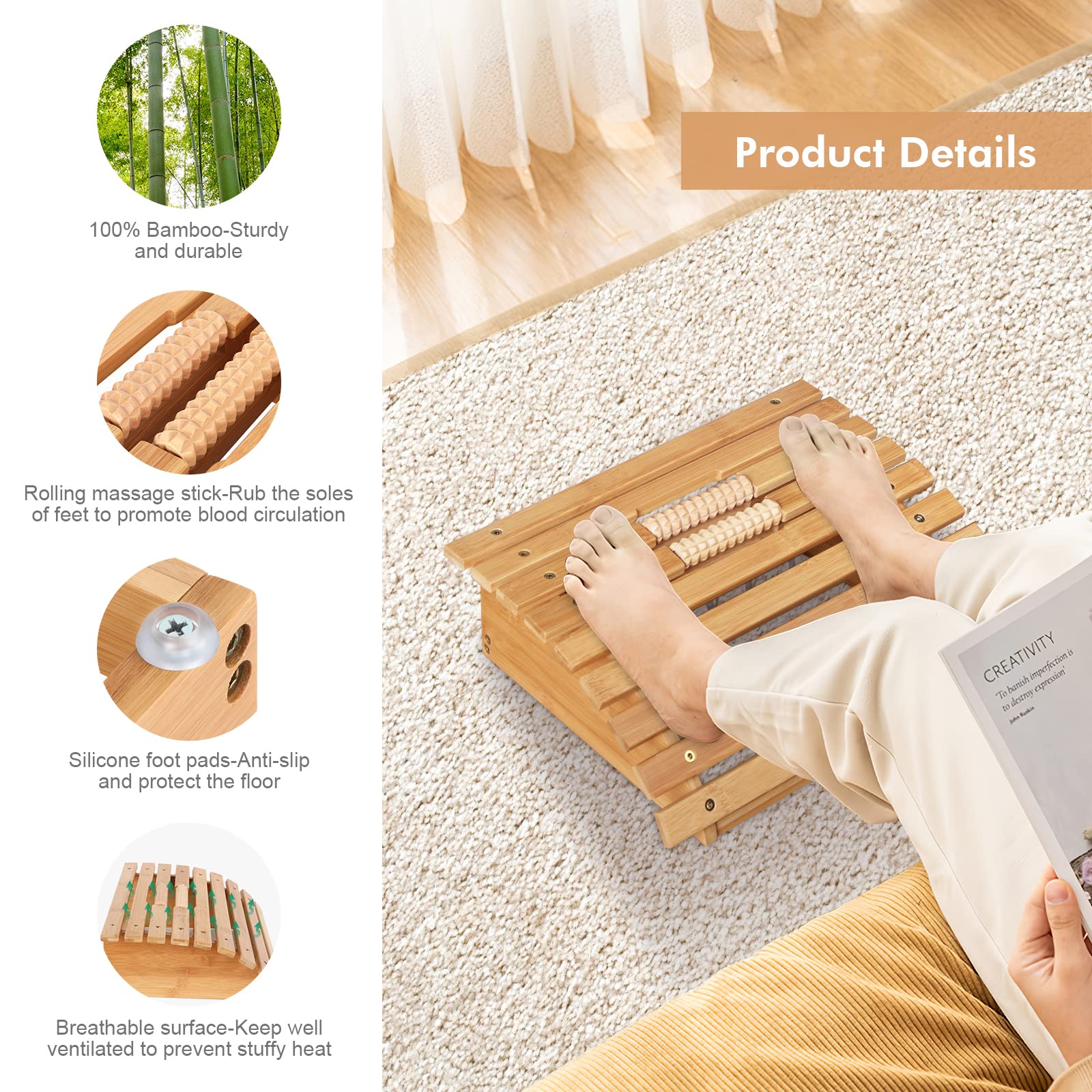 RekRang Foot Rest Under Desk,Bamboo Foot Stool with Massage Rollers & Non-Slip Legs Ergonomic Cambered Surface Foot Rest for Home Office School