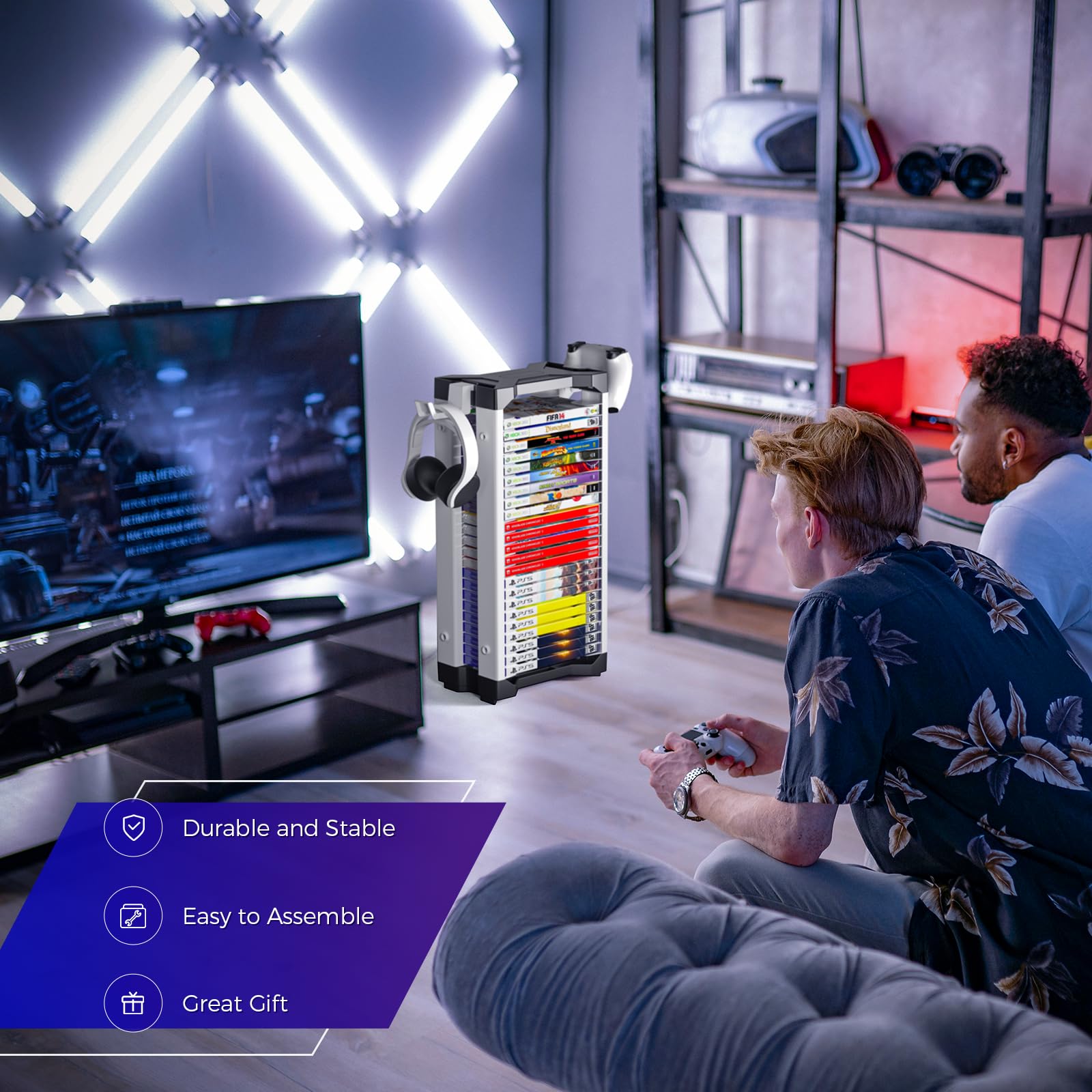 Allnice Game Storage Tower Multifunction Video Game Shelf for 24 game Disk, 2 Headsets Controllers Holder Compatible with PS3/PS4/PS5/ Nintendo Switch/Xbox One, Xbox Series X/S and Blu-Ray Discs