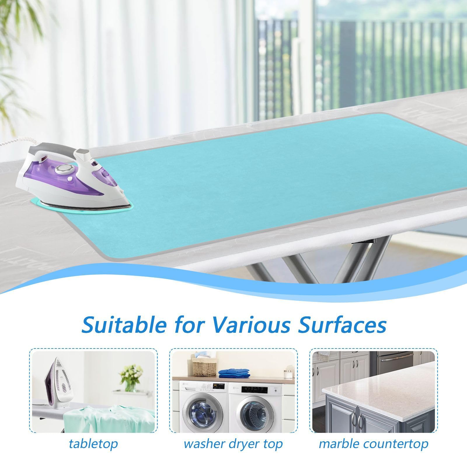 Kigai Plain Sky Blue Solid Color Ironing Mat - with 3mm Padding & Silicone Iron Rest, Quilting & Travel Portable Ironing Pad, Quilted Washer Dryer Heat Resistant Pad 47 X 27.6 Inch
