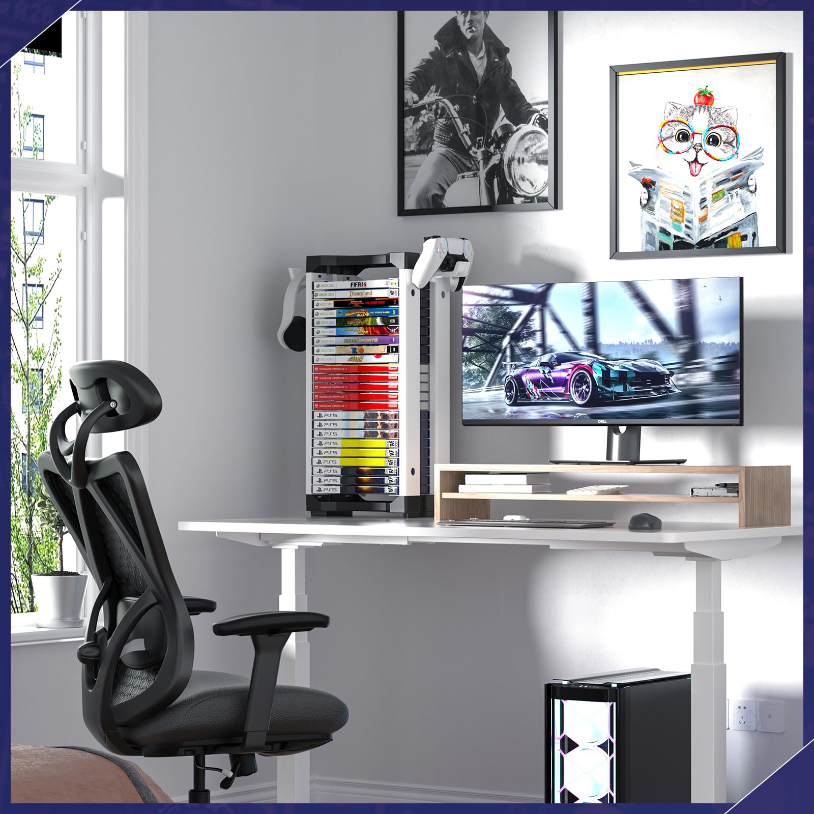 Allnice Game Storage Tower Multifunction Video Game Shelf for 24 game Disk, 2 Headsets Controllers Holder Compatible with PS3/PS4/PS5/ Nintendo Switch/Xbox One, Xbox Series X/S and Blu-Ray Discs