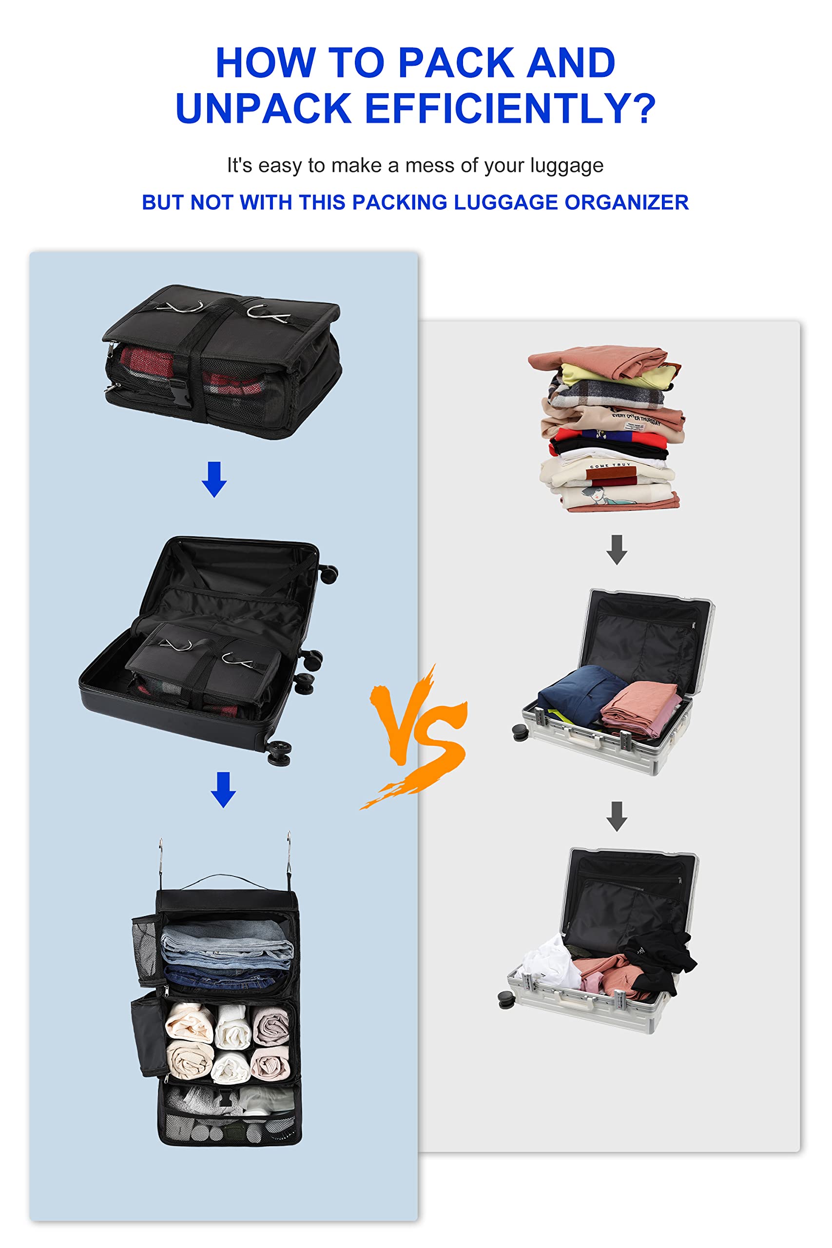 ELEZAY Hanging Packing Cubes Portable Closet 3-Shelf Travel Collapsible Compression Garment Organizer for Carry-on Luggage Suitcase Space Saver Bag X-Large_No Side Pockets, Black