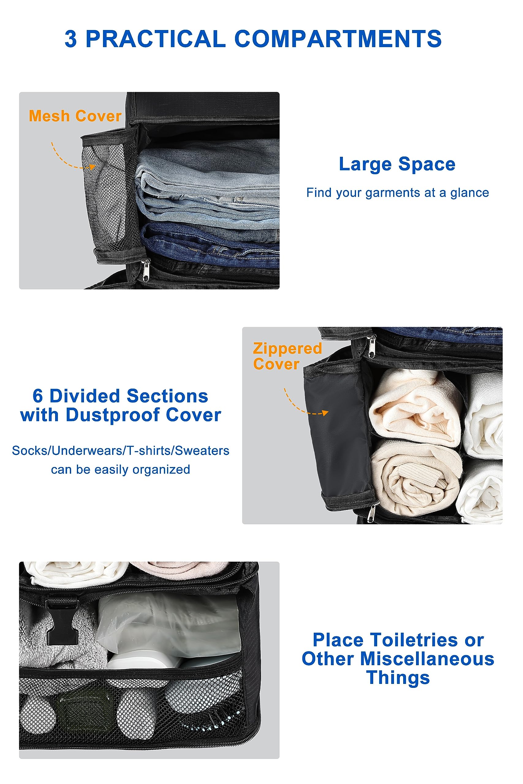 ELEZAY Hanging Packing Cubes Portable Closet 3-Shelf Travel Collapsible Compression Garment Organizer for Carry-on Luggage Suitcase Space Saver Bag X-Large_No Side Pockets, Black