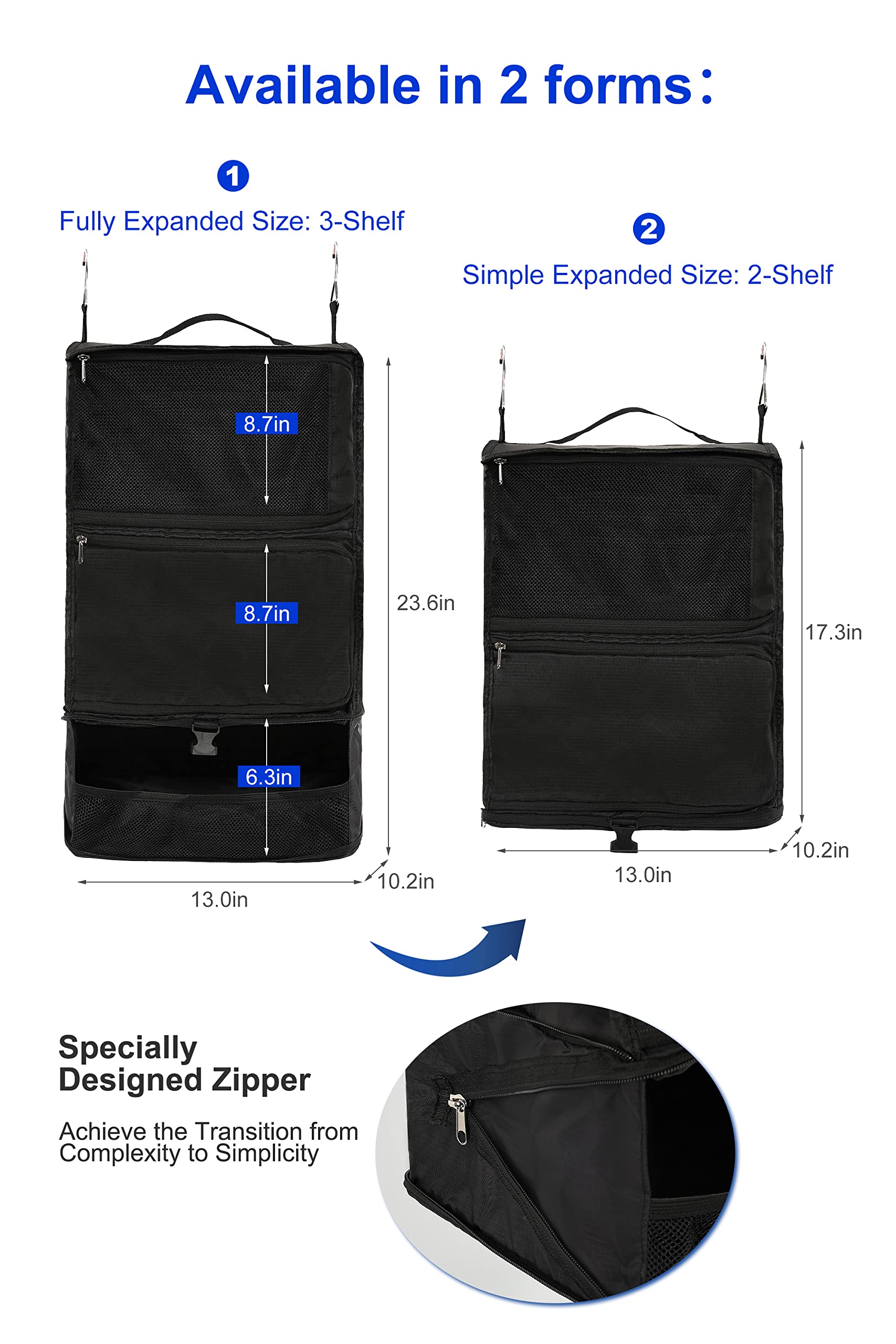 ELEZAY Hanging Packing Cubes Portable Closet 3-Shelf Travel Collapsible Compression Garment Organizer for Carry-on Luggage Suitcase Space Saver Bag X-Large_No Side Pockets, Black