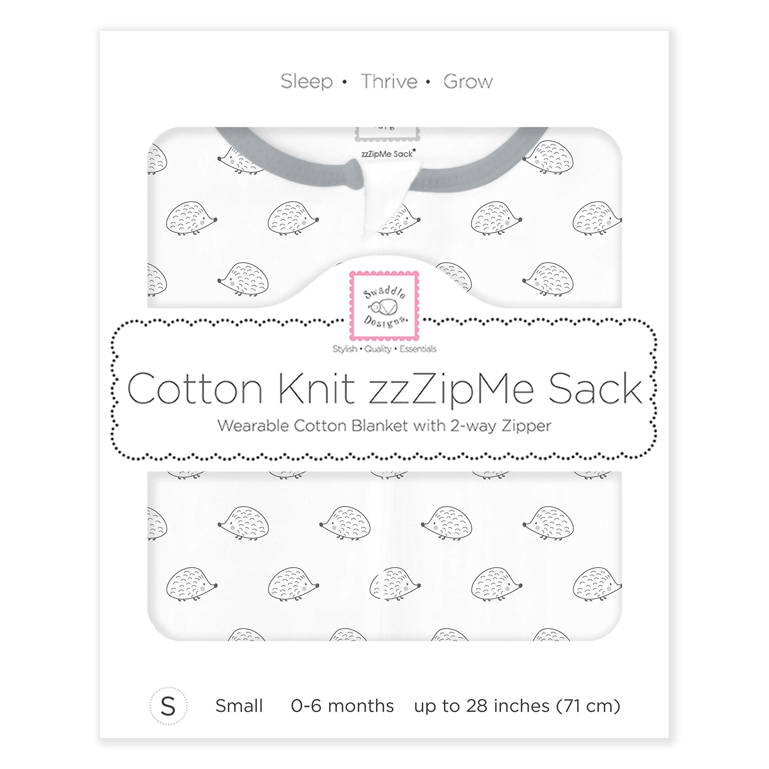 SwaddleDesigns Cotton Knit Sleeping Sack, Sleeveless Wearable blanket with 2-Way Zipper, Black Tiny Hedgehogs, Medium, 6-12 Months