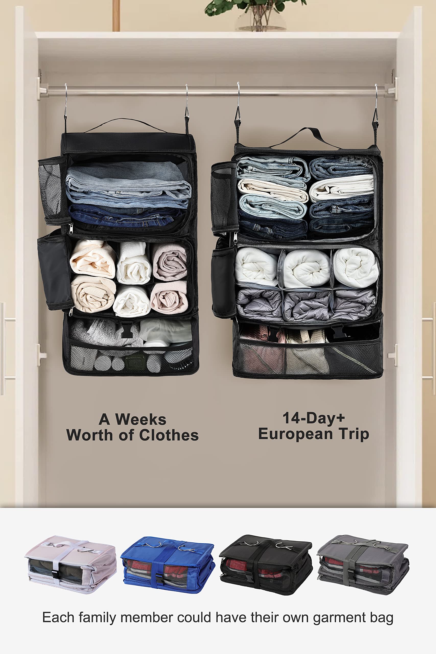 ELEZAY Hanging Packing Cubes Portable Closet 3-Shelf Travel Collapsible Compression Garment Organizer for Carry-on Luggage Suitcase Space Saver Bag X-Large_No Side Pockets, Black