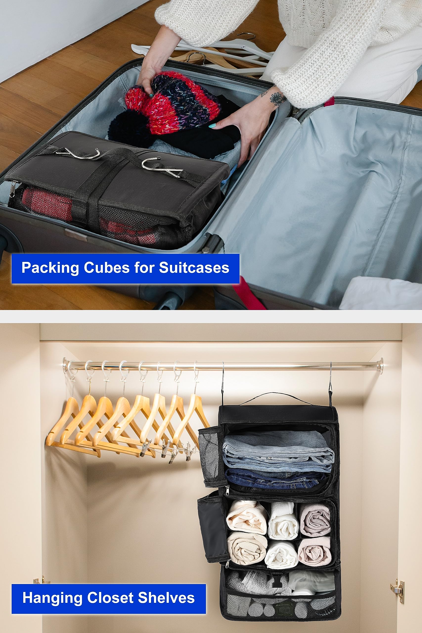ELEZAY Hanging Packing Cubes Portable Closet 3-Shelf Travel Collapsible Compression Garment Organizer for Carry-on Luggage Suitcase Space Saver Bag X-Large_No Side Pockets, Black