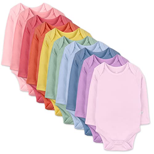 HonestBaby 10-Pack Long Sleeve Bodysuits One-piece 100% Organic Cotton for Infant Baby Boys, Girls, Unisex , Rainbow Gems Pinks, 6-9 Months