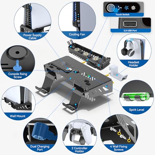 PS5 Wall Mount Kit with Charging and Cooling Fan, PS5 Floating Shelf Wall Mount Stand for PS5 Console, PS5 Controller Wall Mount Charger Accessories with PS5 Cooling Station,Headset Holder