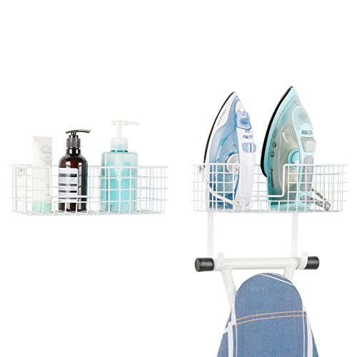 YBING Ironing Board Holder White Set of 2, Metal Iron Holder Wall Mount with Removable Hooks, Laundry Room Organizer with Ironing Board for Bathroom, Bedroom,Office