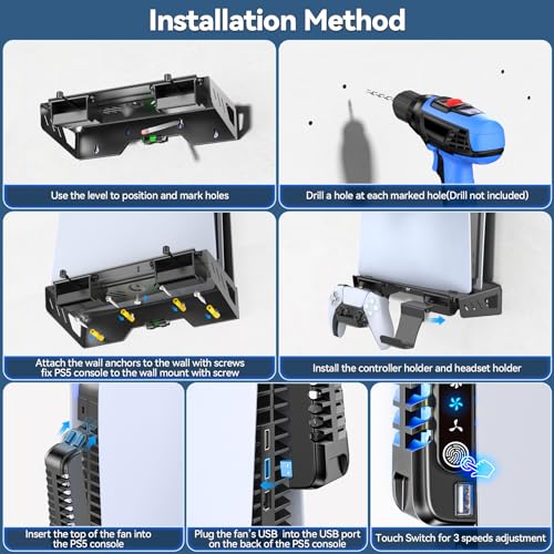 PS5 Wall Mount Kit with Charging and Cooling Fan, PS5 Floating Shelf Wall Mount Stand for PS5 Console, PS5 Controller Wall Mount Charger Accessories with PS5 Cooling Station,Headset Holder