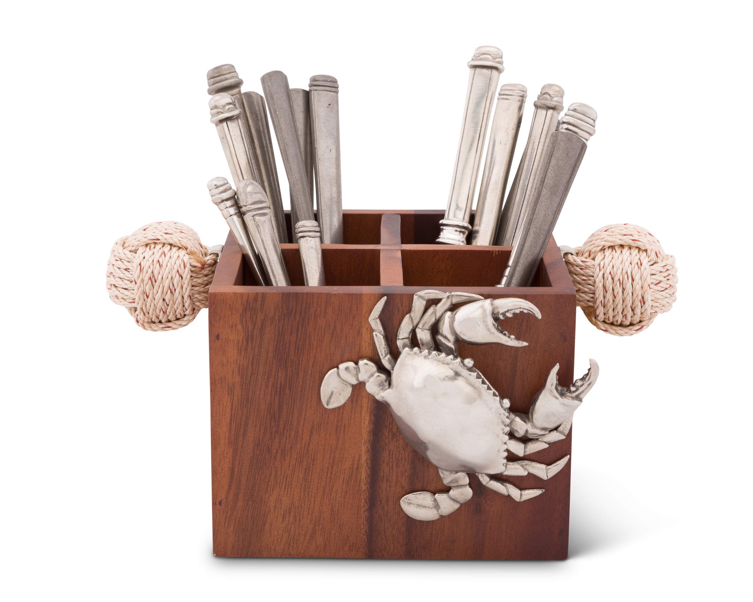 Vagabond House Caddy Square Acacia Wood Flatware / Serve ware / Utensil / Carry-All Holder with Solid Pewter Crab Accent and Real Rope Handles, 4 Compartments 11 inch x 8 inch